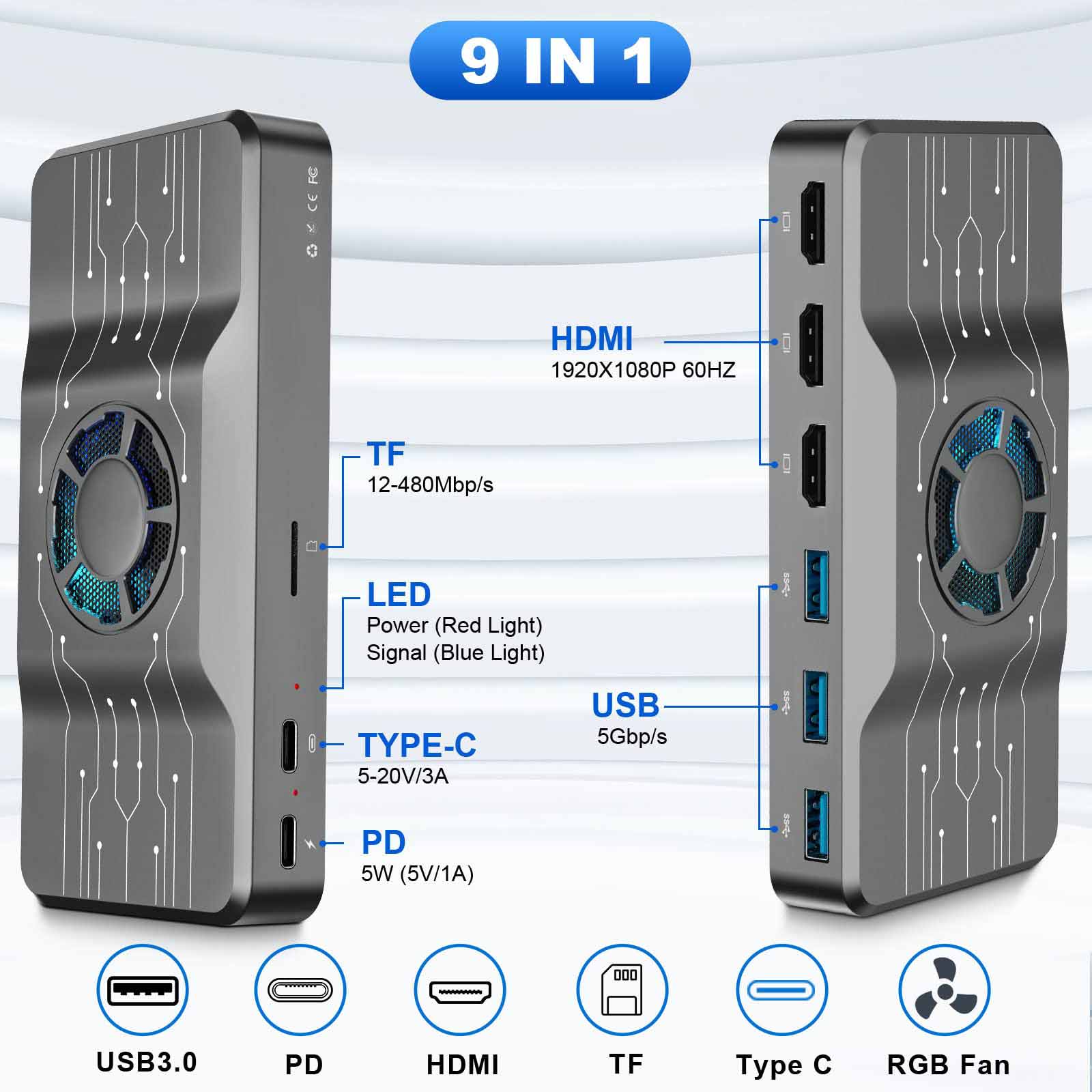 H1 Multiple 3 HDMI Port Hub Quadruple Display with RGB Cooling Fan(Log ...